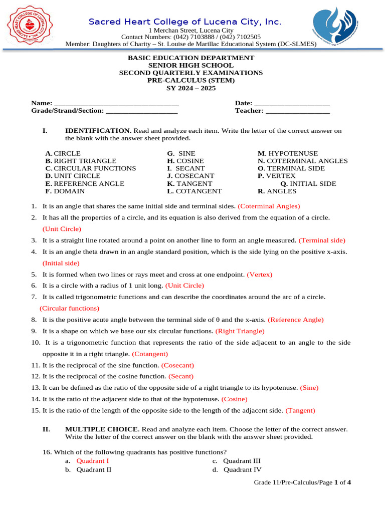 Second Quarter Exam With Key | PDF | Trigonometric Functions ...