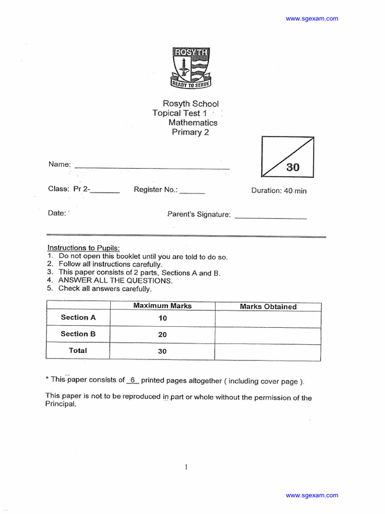 2019 P2 Math Topical Test Rosyth | PDF