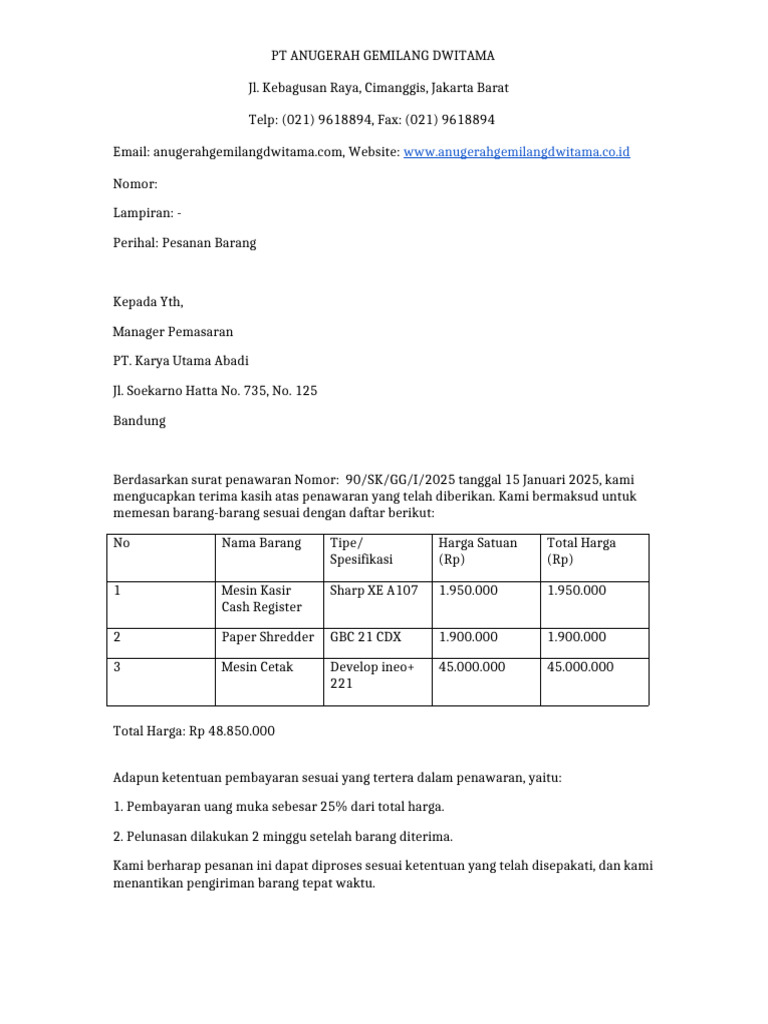 Surat Pesanan Semi Block Style | PDF