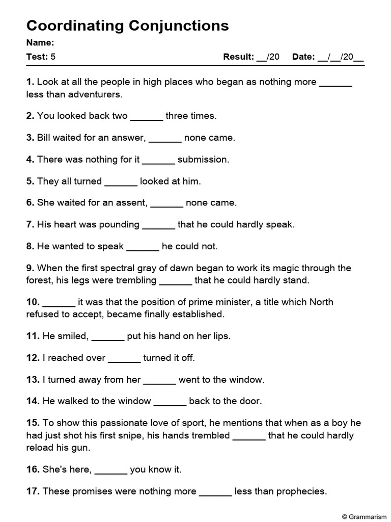 grammarism-coordinating-conjunctions-test-5-1518947 | PDF