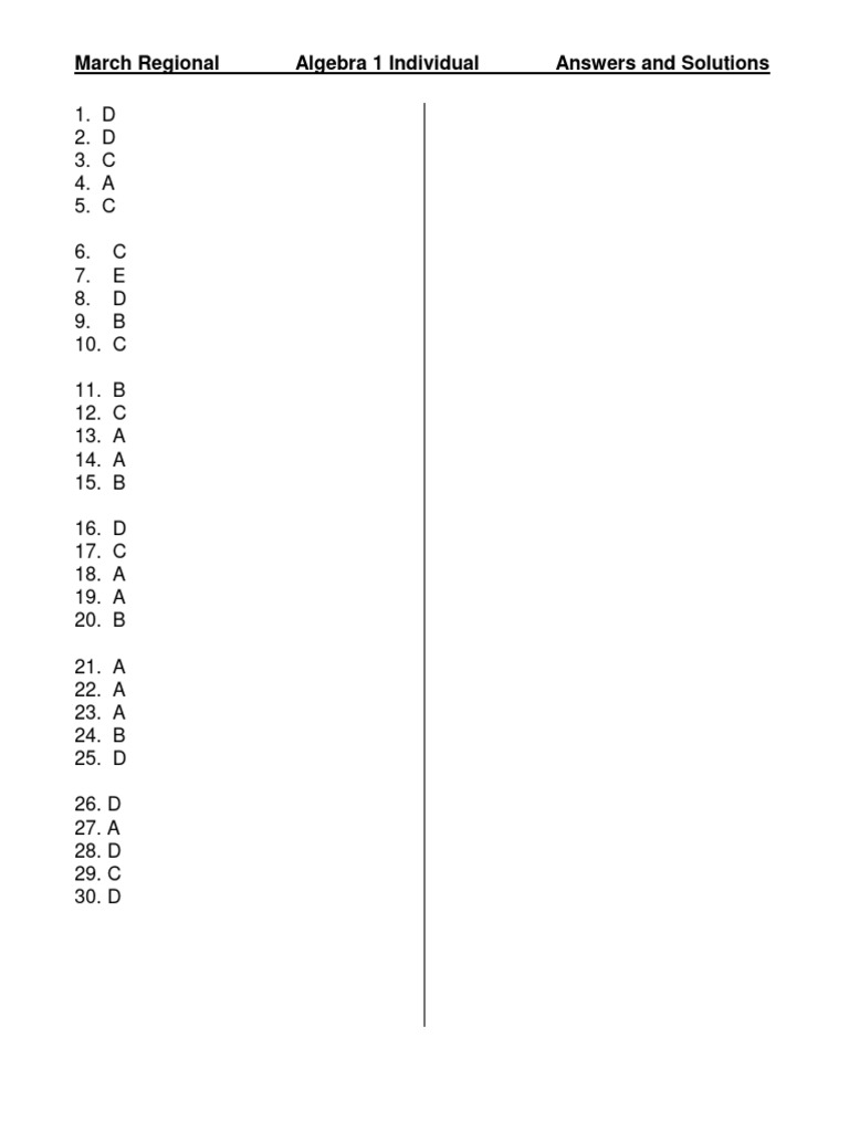 Alg 1 Mar 2024 Reg Indiv Ans and Sols | PDF | Mathematical Concepts | Arithmetic
