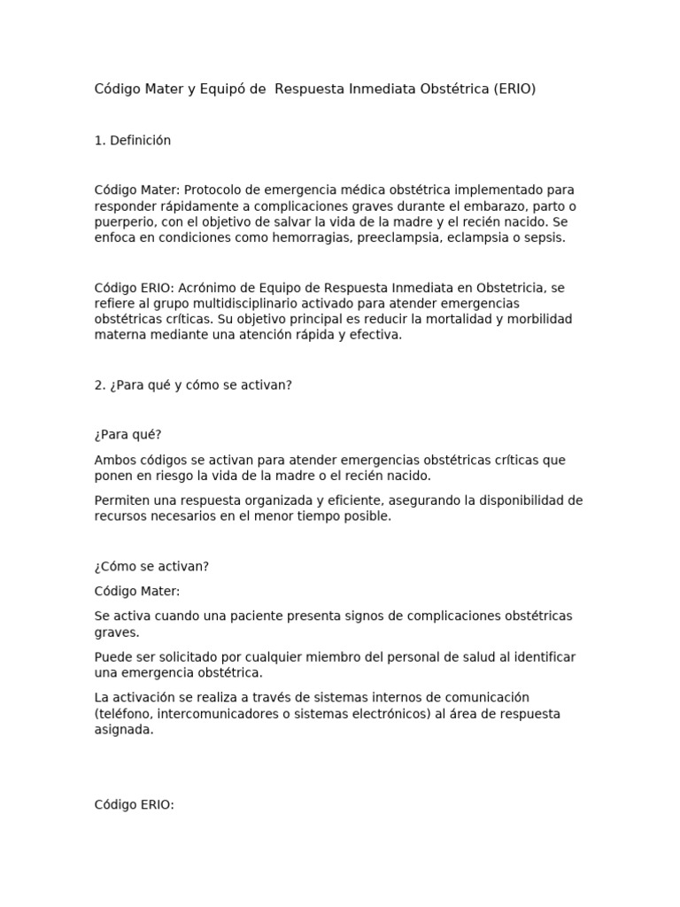 Código Mater y ERIO: Respuesta Obstétrica | PDF | Partería | Ciencias ...