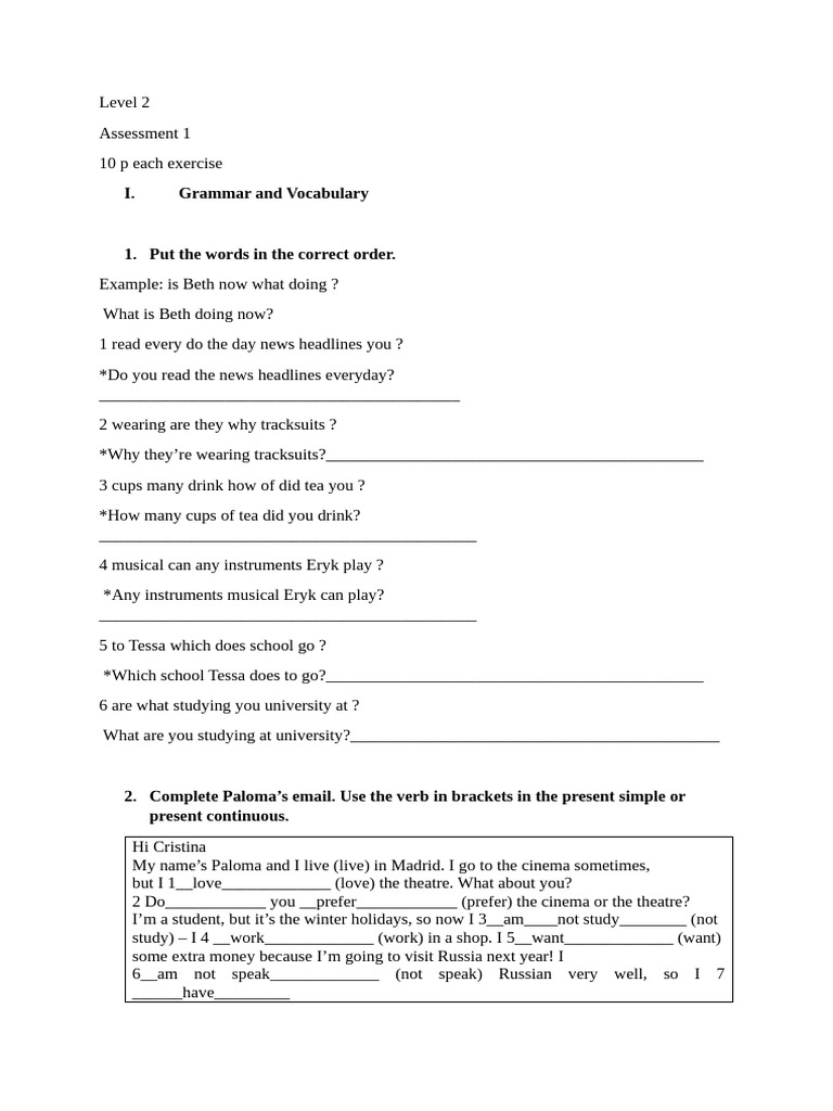 Level 2 Grammar and Vocabulary Exercises | PDF
