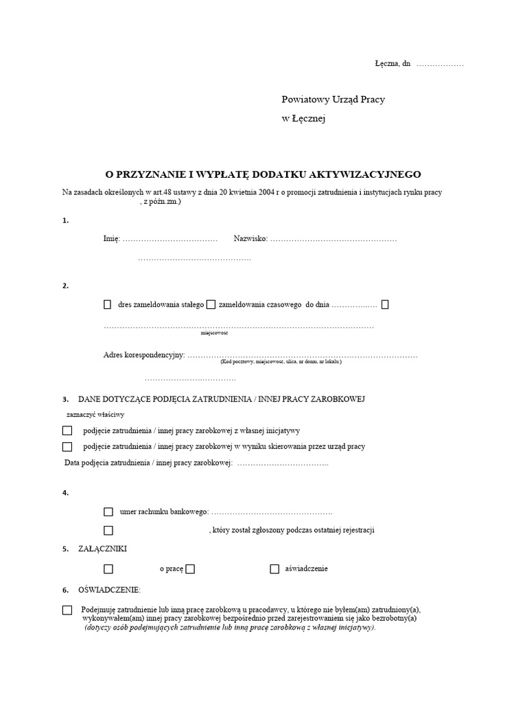Wniosek Na Dodatek Aktywizacyjny Nowy | PDF