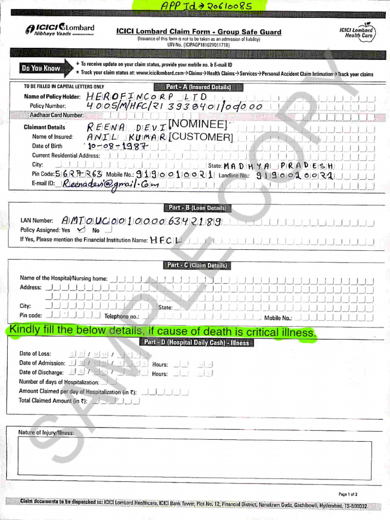 Sample Form - Icici Lombard | PDF