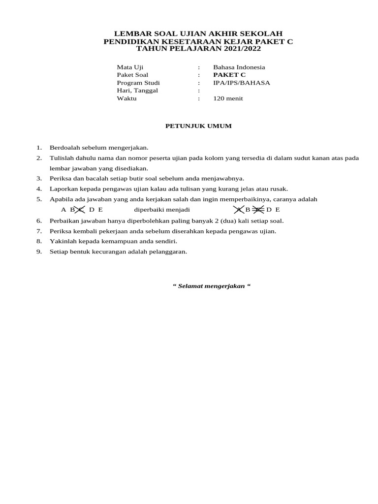 Soal Bhs Indonesia - Upk Paket C - Fix | PDF