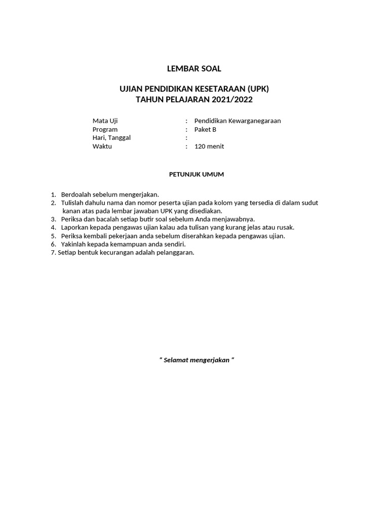 Soal PKN Paket B - 19 maret 2022 revisi baru(1) | PDF