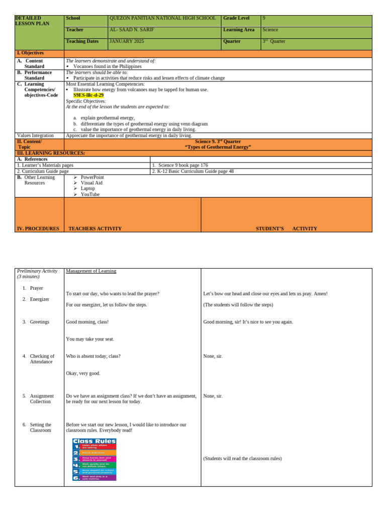 Geothermal Energy Lesson Plan for Grade 9 | PDF | Geothermal Energy ...
