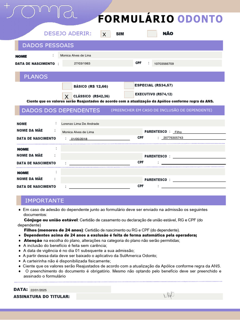 Formulário Odonto - SulAmerica Chamado Atualizado | PDF