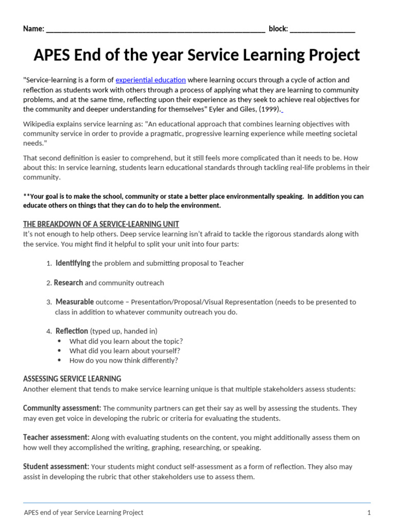 APES Service Learning Project | PDF | Service Learning | Learning