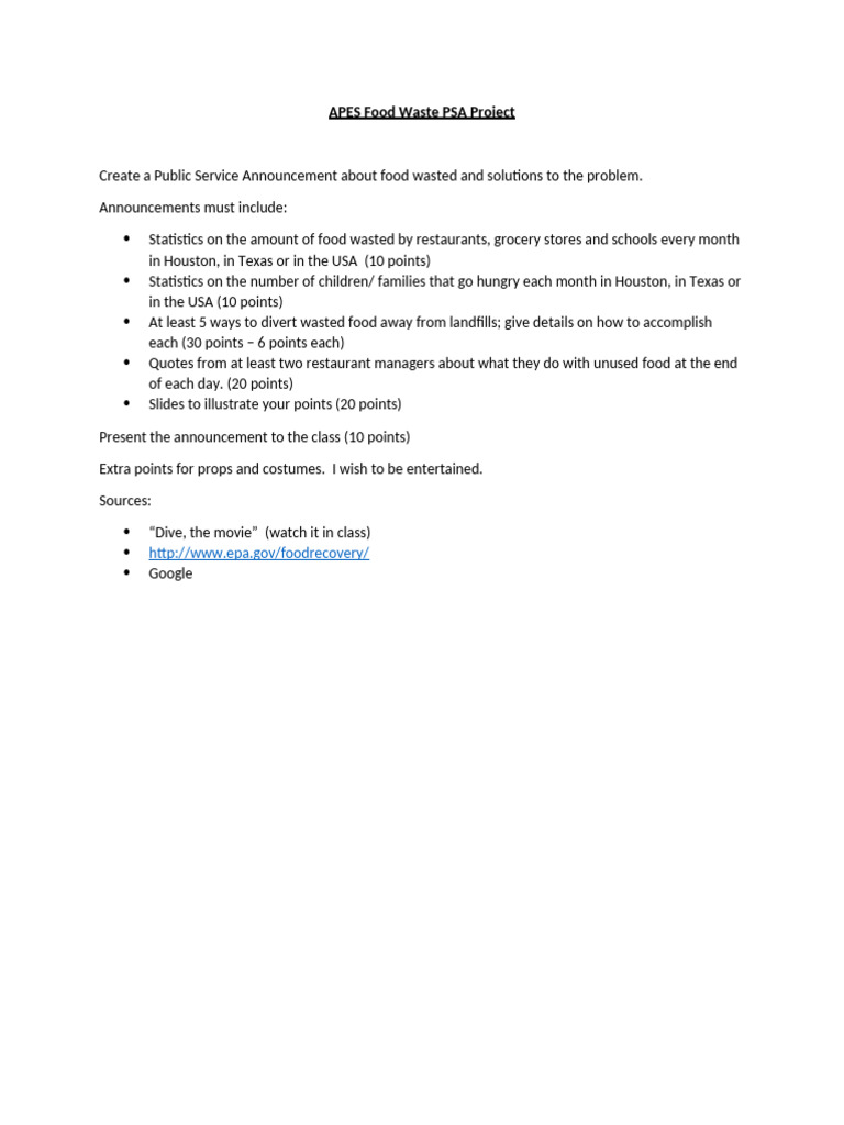 Food Waste Solutions PSA Project | PDF