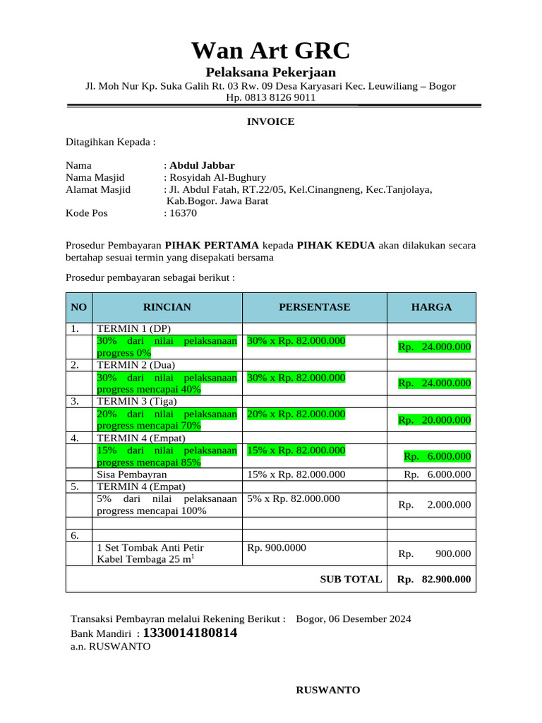 Invoice Wan Art GRC Desember | PDF