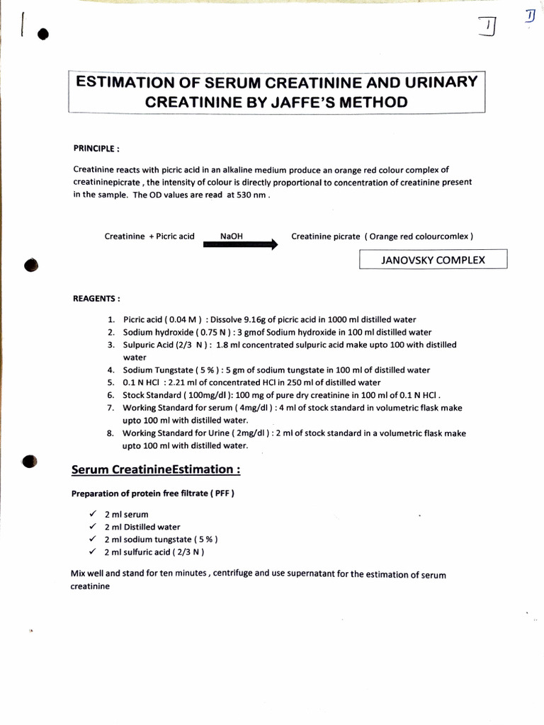 Serum Creatinine Estimation by Jaffe's Method | PDF | Creatinine ...