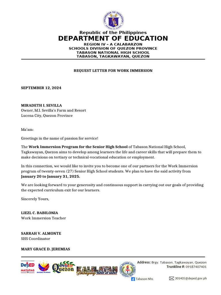 REQUEST LETTER FOR WORK IMMERSION | PDF