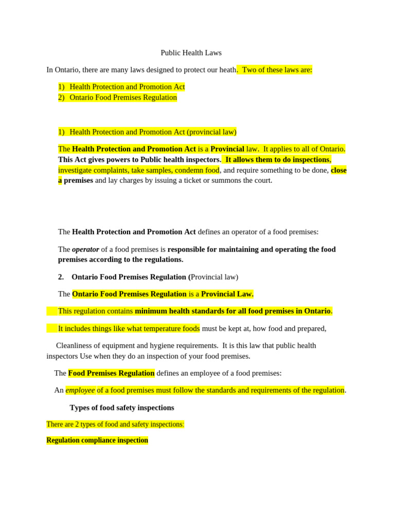 Ontario Public Health Laws Overview | PDF | Food Safety | Hazard ...