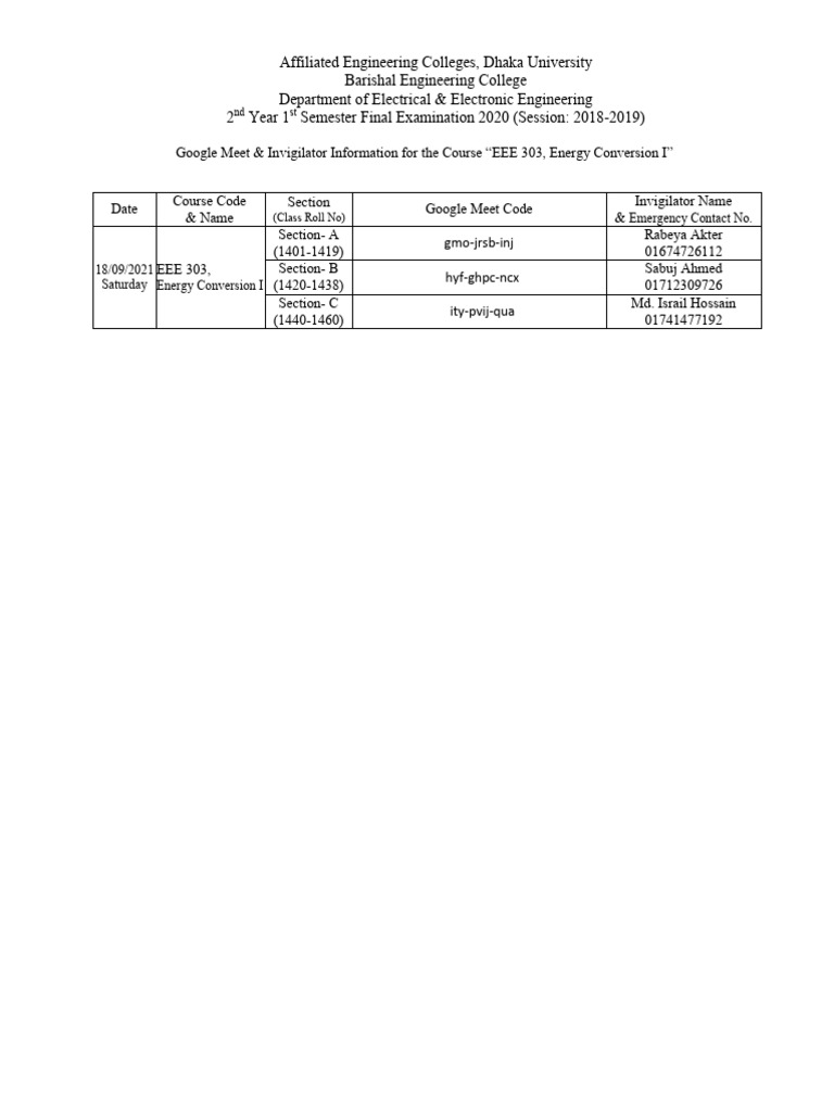 Google Meet Link and Invisilators Information EEE 303 - 18-09-2021 | PDF