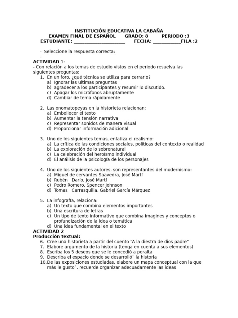 Examen Final de Español Grado 8 | PDF