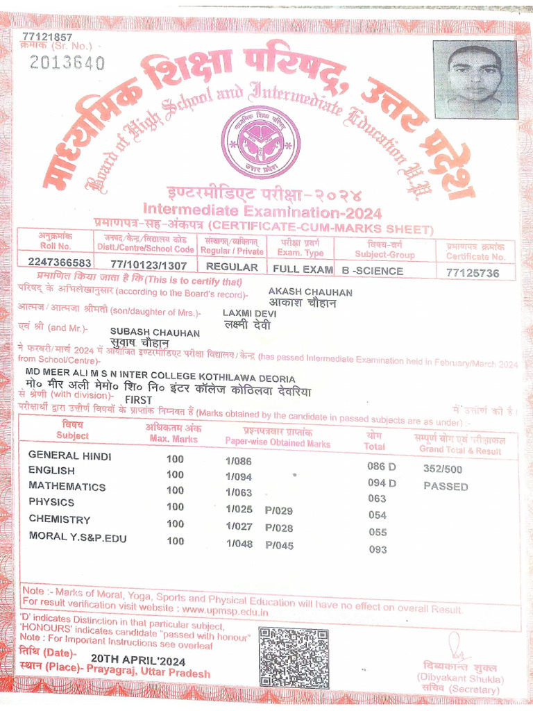 Class 12th Certificate | PDF