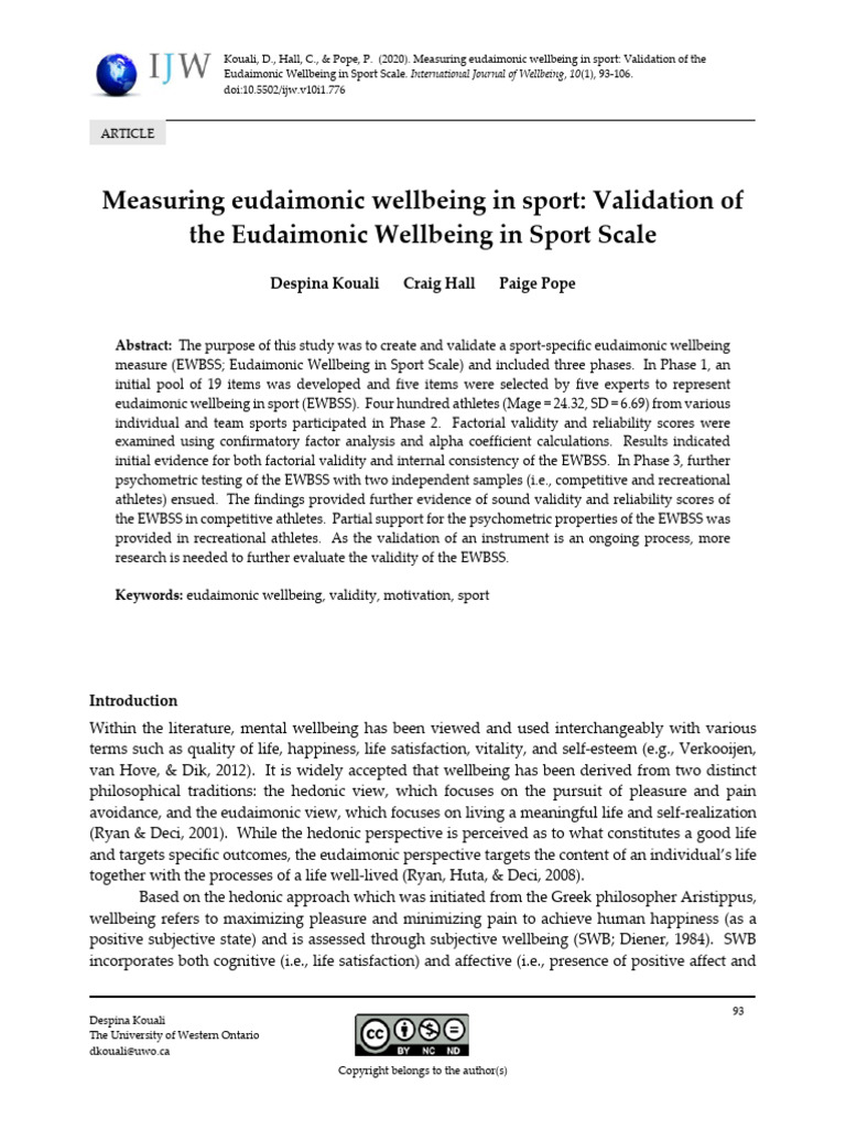 Measuring Eudaimonic Wellbeing in Sport: Validation of The Eudaimonic ...