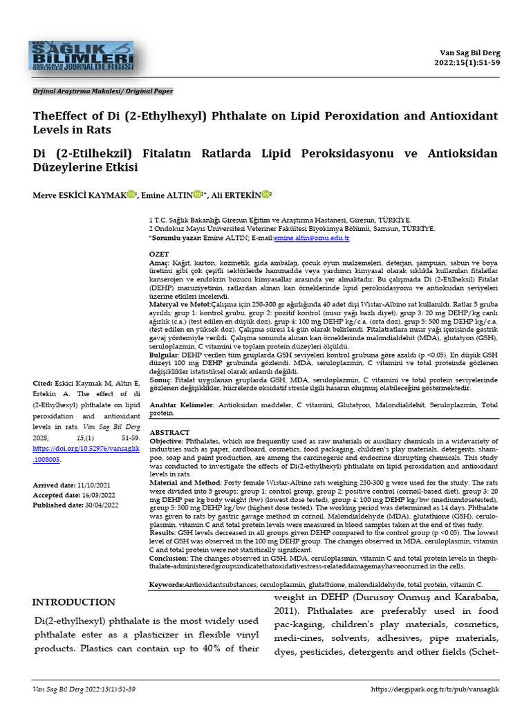 The Effect of Di (2-Ethylhexyl) Phthalate On Lipid Peroxidation and ...