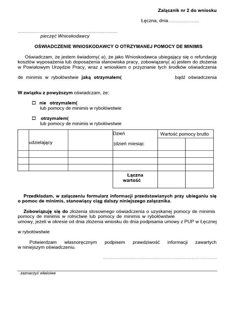 Załącznik NR 2 Oświadczenie o Pomocy de Minimis | PDF