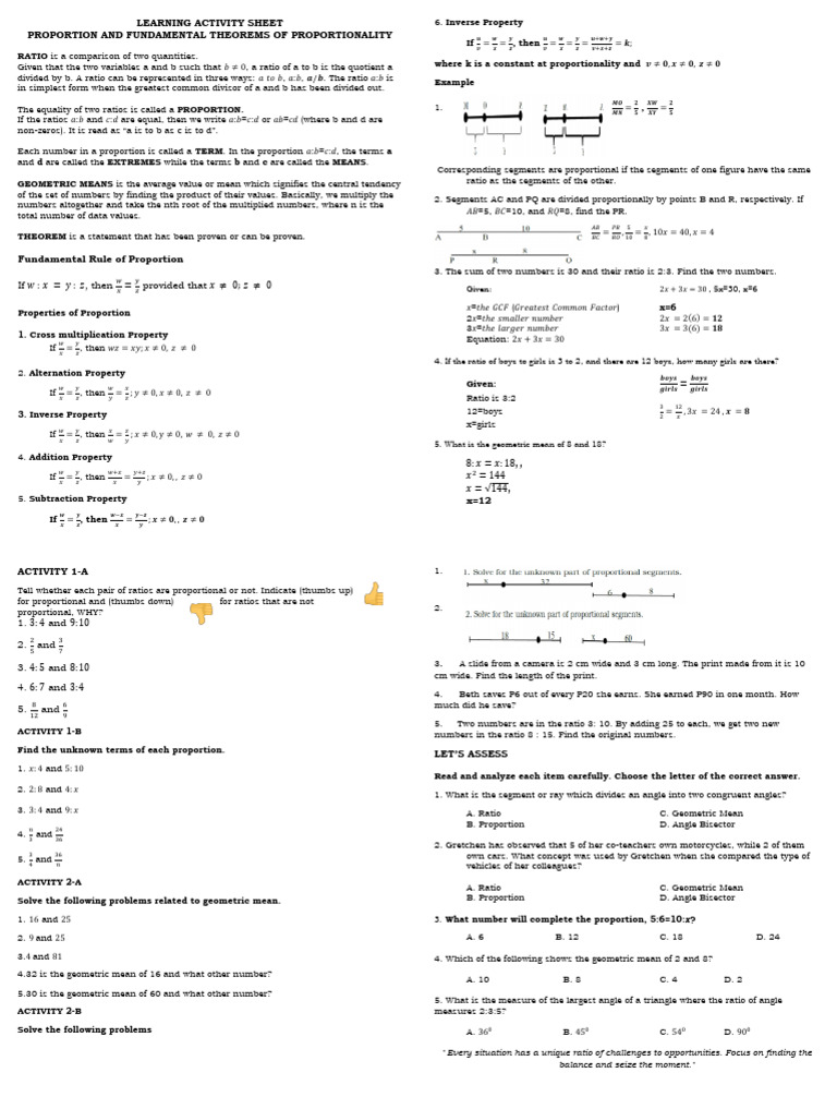 6-1learning-Activity-Sheet-Proportion and Fundamental Theorems of Proportionality | PDF | Ratio ...