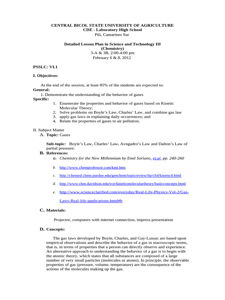 Lesson Plan Gas Law | PDF | Gases | Carbonated Water