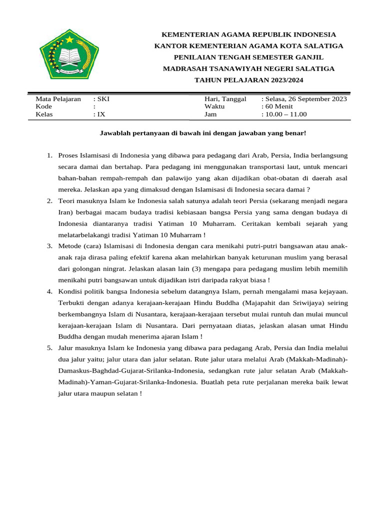 05 Ski Soal PTS Ganjil Kelas 9 2023-2024 | PDF