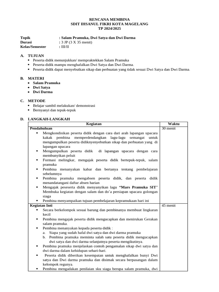 Rencana Membina Salam Pramuka, Dwi Satya dan Dwi Dharma | PDF