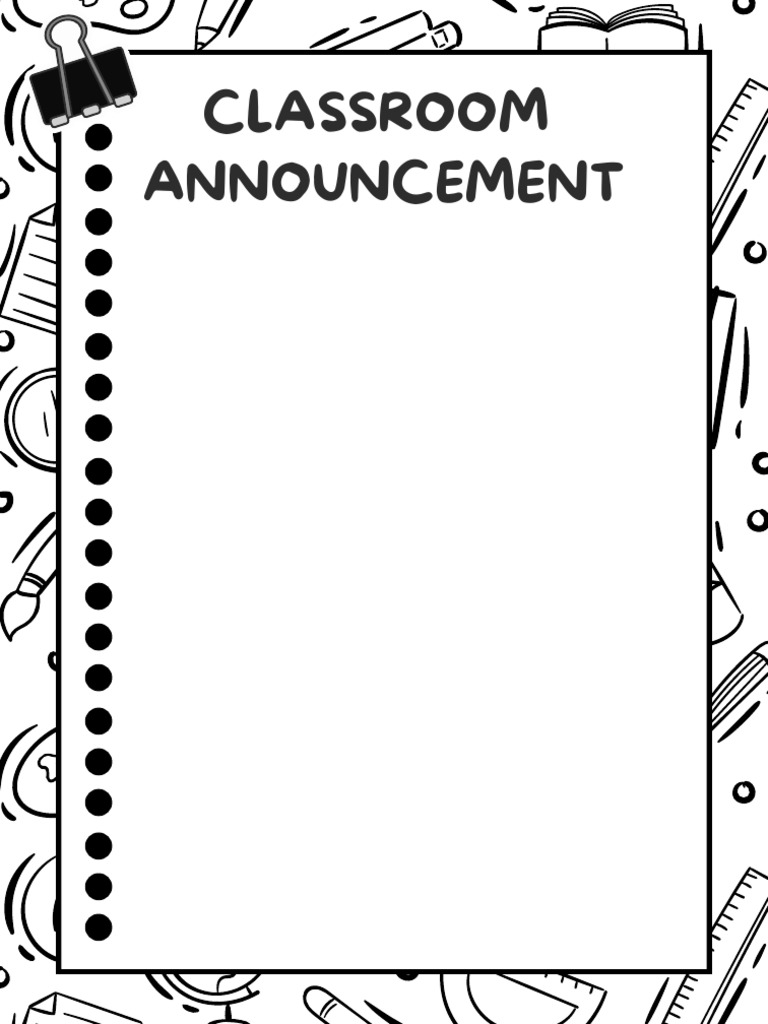 Classroom Announcement Poster in Black and White Illustrative Style | PDF