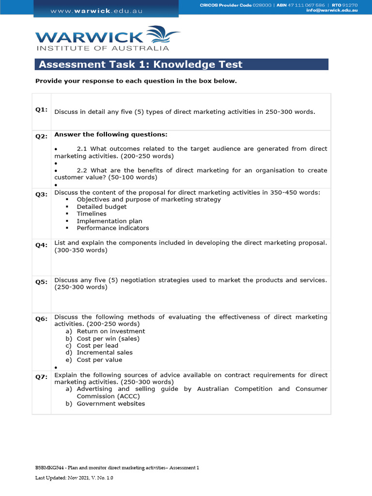 Direct Marketing Activities Assessment Guide | PDF