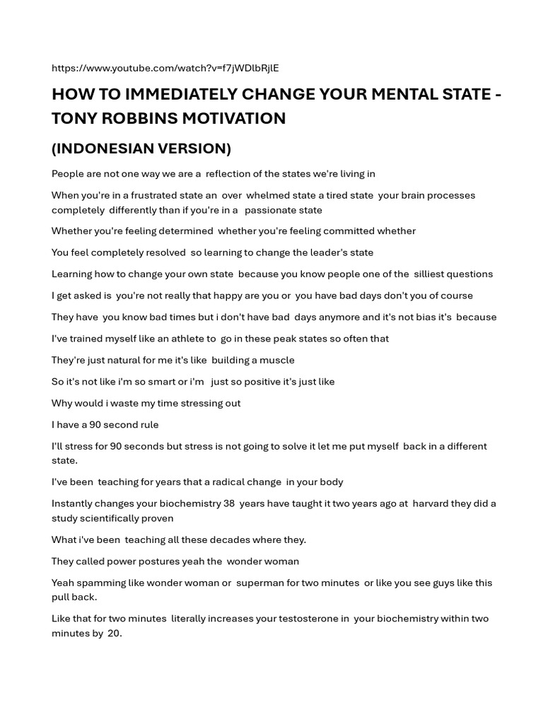 2-HOW TO IMMEDIATELY CHANGE YOUR MENTAL STATE - TONY ROBBINS MOTIVATION | PDF | Leadership ...