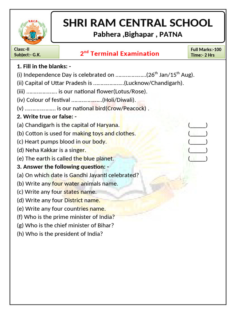 Class 2 G.K. Exam Worksheet | PDF