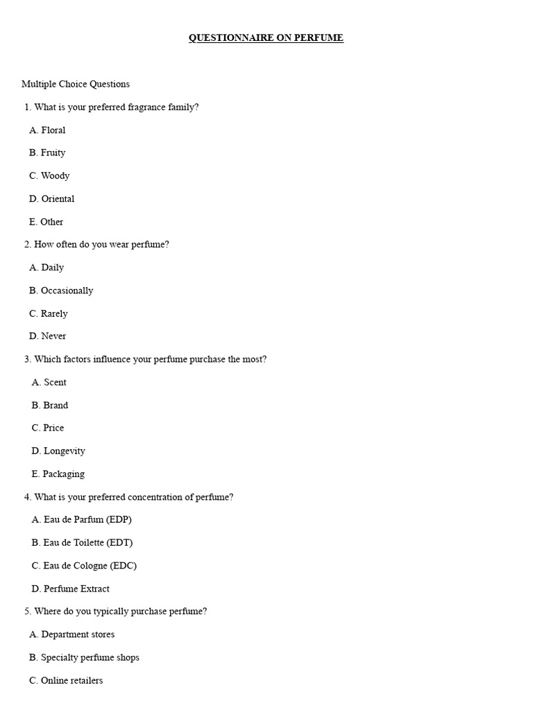 Perfume Preference Questionnaire | PDF