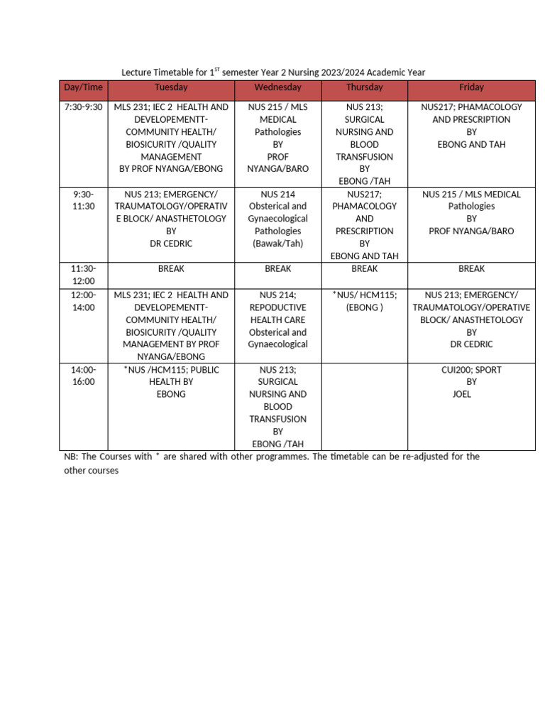 Time Table First Semester Final | PDF | Medicine | Health Care