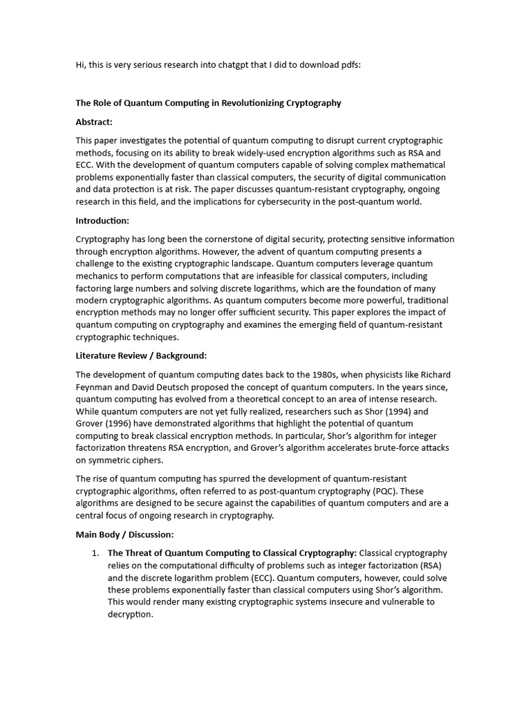 The Role of Quantum Computing in Revolutionizing Cryptography, by ChatGPT | PDF | Quantum ...