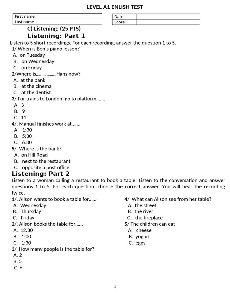 Test A1 (Listening) | PDF