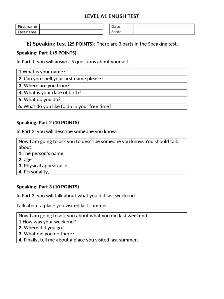 Test A1 (Speaking) | PDF