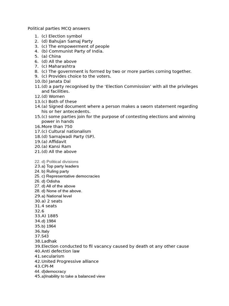 Political Parties Quiz Key | PDF
