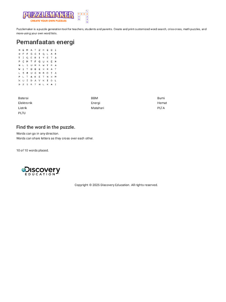 Word Search Puzzle - Discovery Education Puzzlemaker | PDF