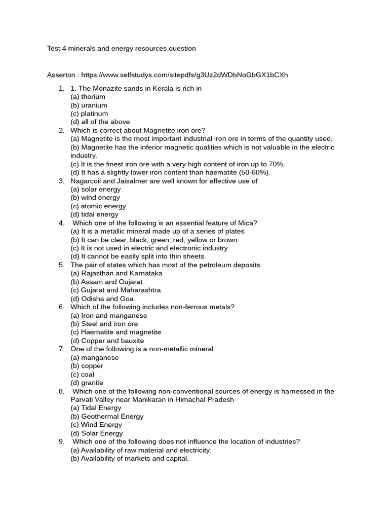 Test 4 Minerals and Energy Resources Question | PDF | Ore | Iron Ore