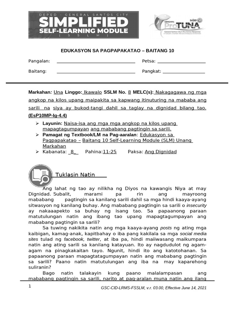 ESP 10 Quarter 1 SSLM 8 Ang Dignidad | PDF