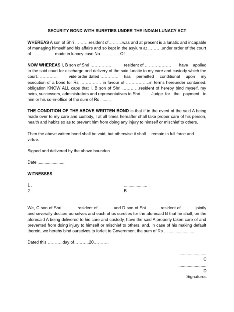 Security Bond With Sureties Under The Indian Lunacy Act | PDF | Common ...