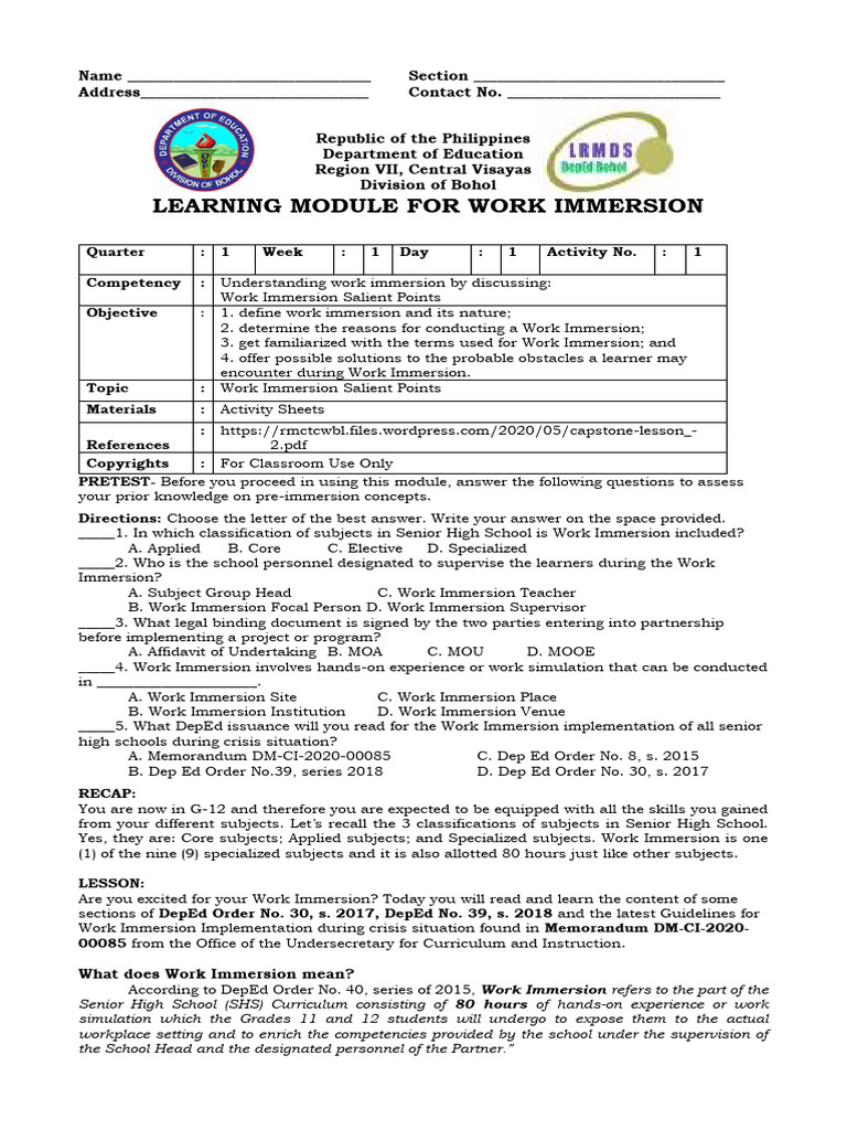 Work Immersion - Act1 - Work Immersion Salient Points | PDF ...