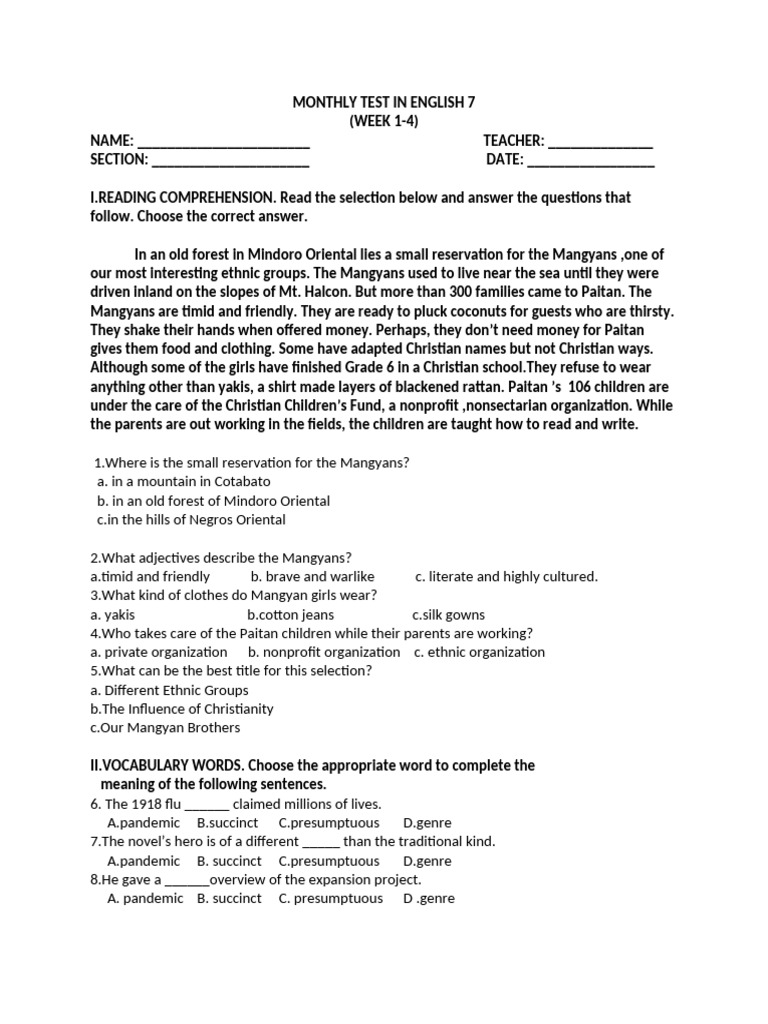 Monthly English Test for Grade 7 | PDF | Linguistics | Grammar