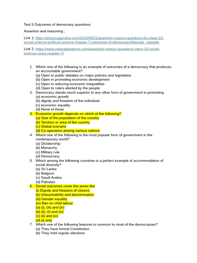 Test 5 Outcomes of Democracy Questions | PDF | Democracy | Political ...