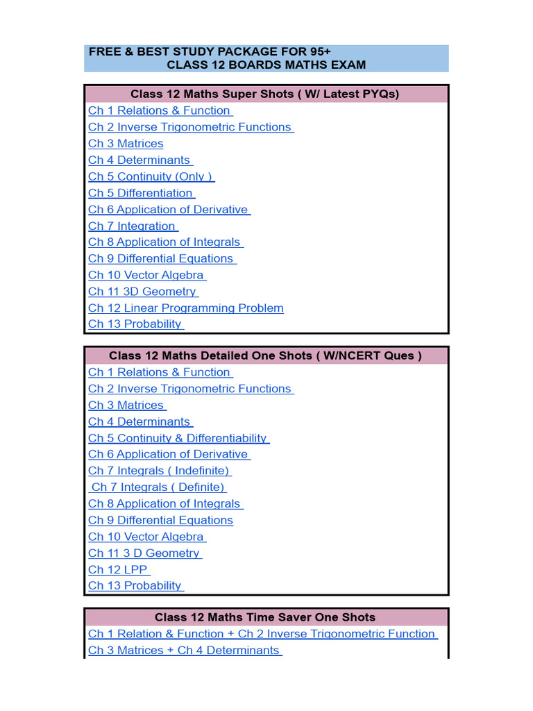 Class 12 Maths Free Study Package - Sheet1 | PDF