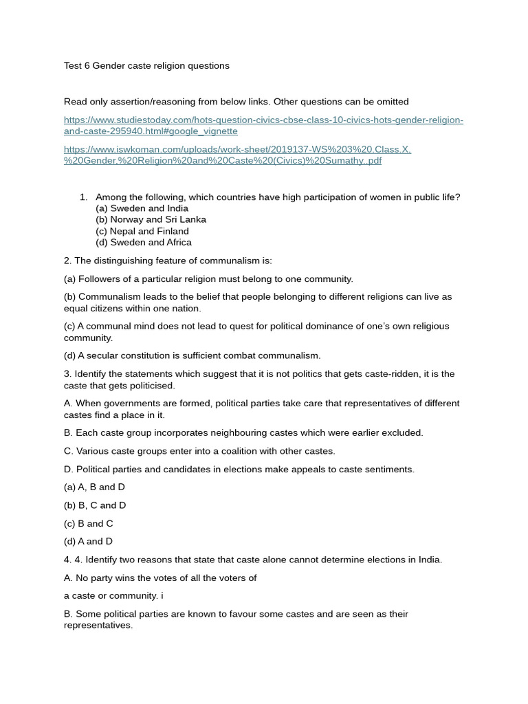 Test 6 Gender Caste Relegion Questions | PDF | Caste | Discrimination