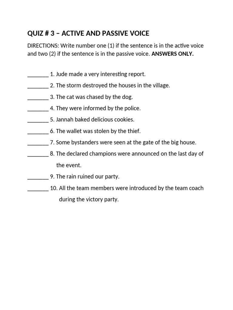 Quiz # 3 - Active and Passive Voice | PDF