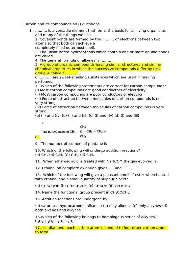 Carbon Compounds MCQ Questions | PDF | Carbon | Chemical Bond